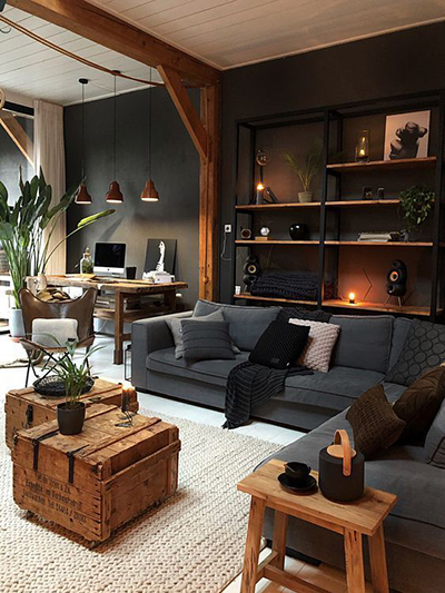 Dark grey and wood living room store